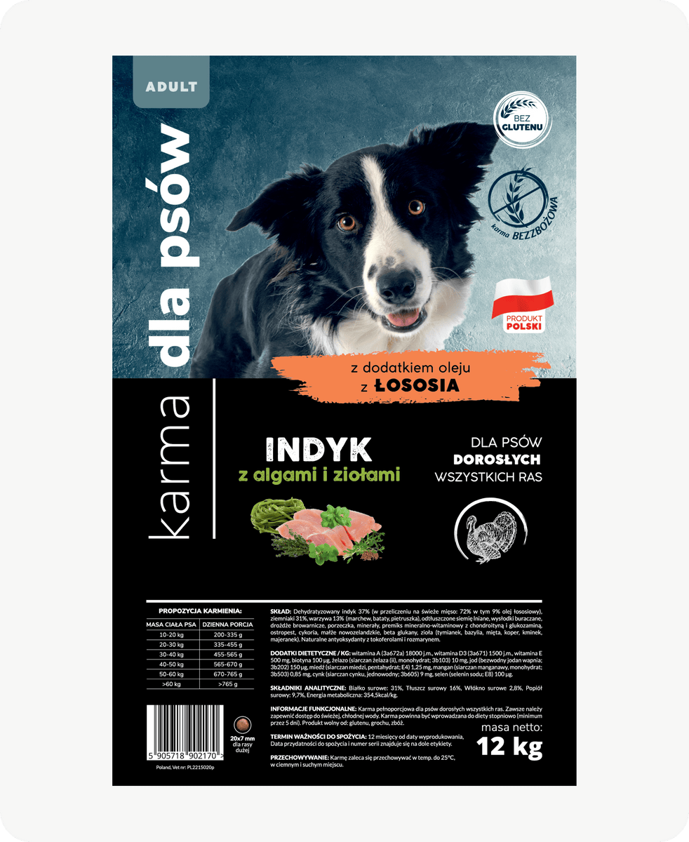 Indyk z ziołami i algami dla dorosłych psów wszystkich ras 12 kg ...